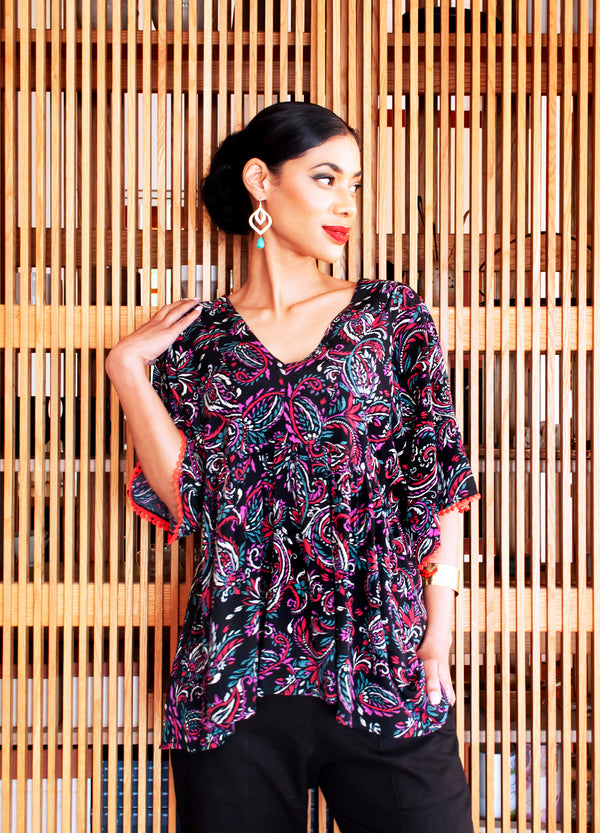 Mimi kaftan top in black Paisley Dreams print – Maya Prass