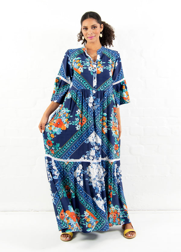 Cora maxi tiered dress in navy Aloha Floral print – Maya Prass